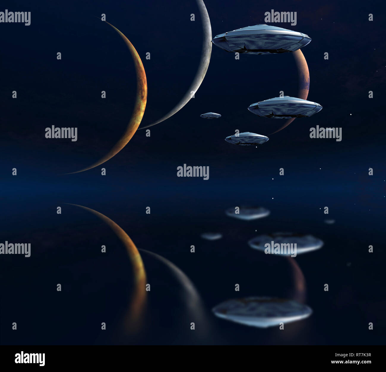 Three moons and spaceships in blue deep space Stock Photo - Alamy