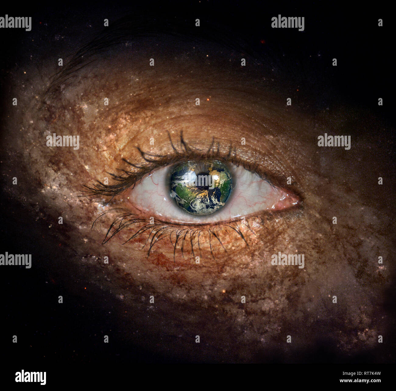 Surrealism. Woman's eye with galaxies. Planet Earth Iris Stock Photo ...