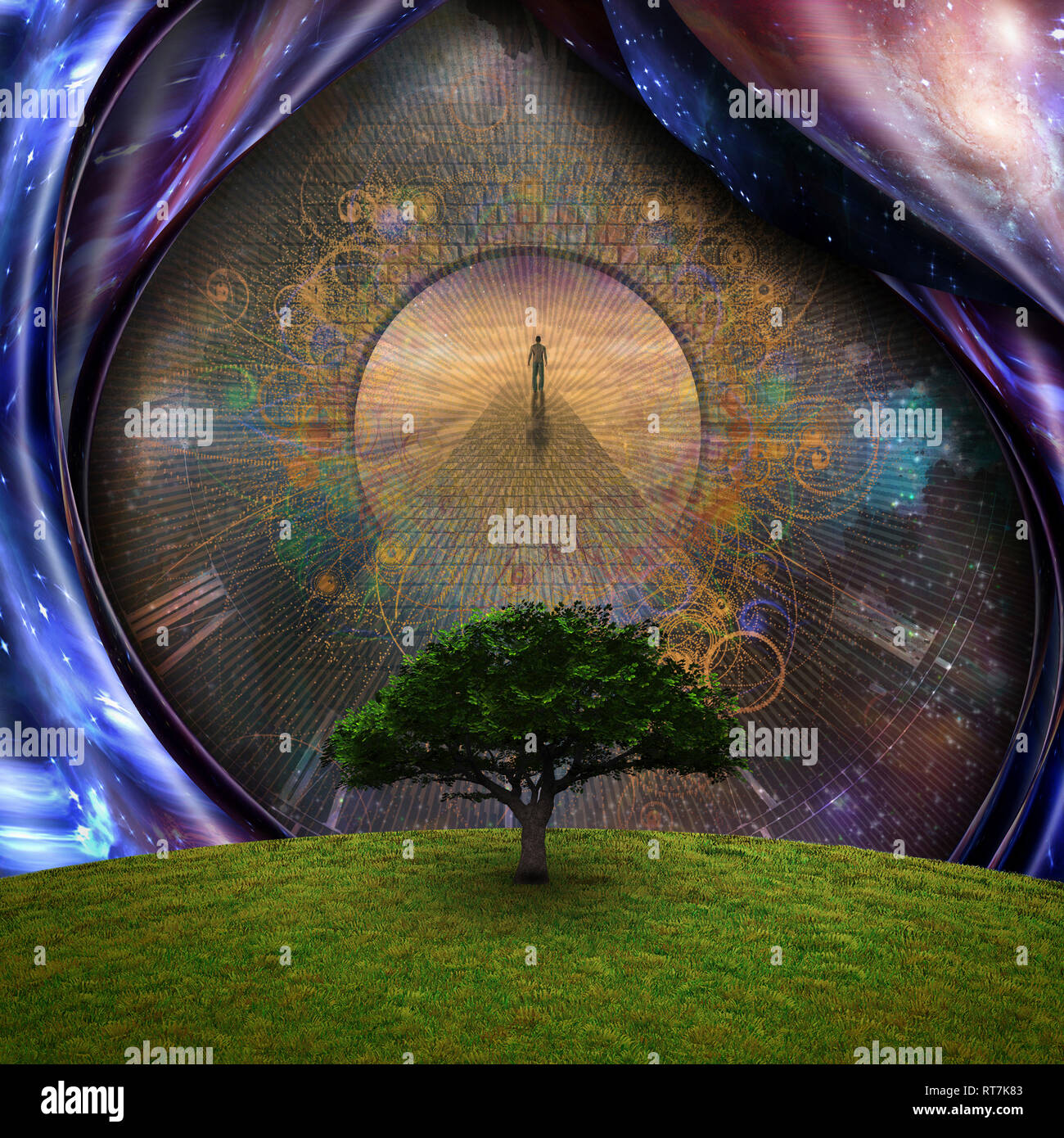 Surrealism. Green tree. Man on a stone road. 3D rendering Stock Photo ...