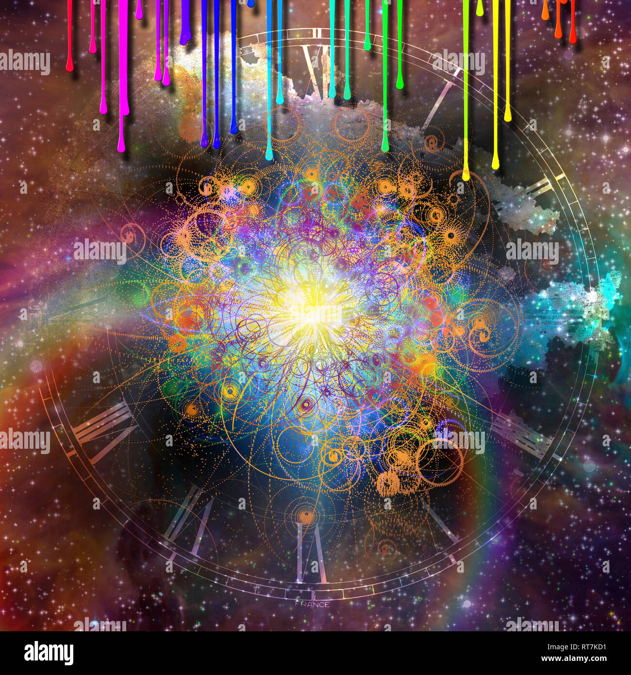 Star filled space with colorful paint drops Stock Photo - Alamy