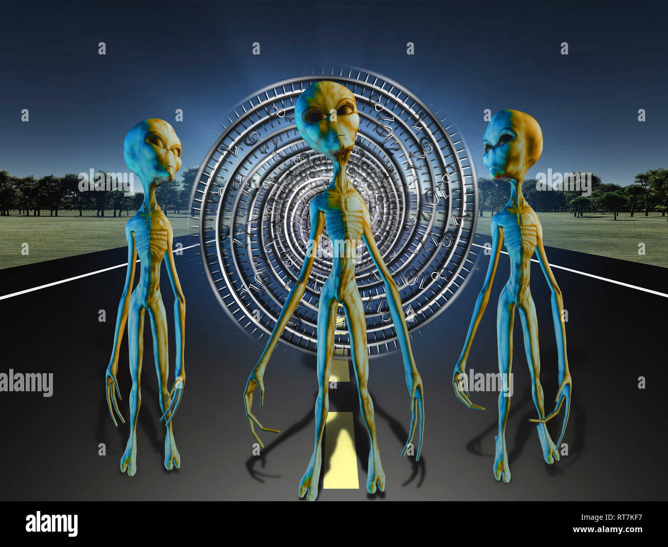 Aliens on country road standing before portal Stock Photo - Alamy