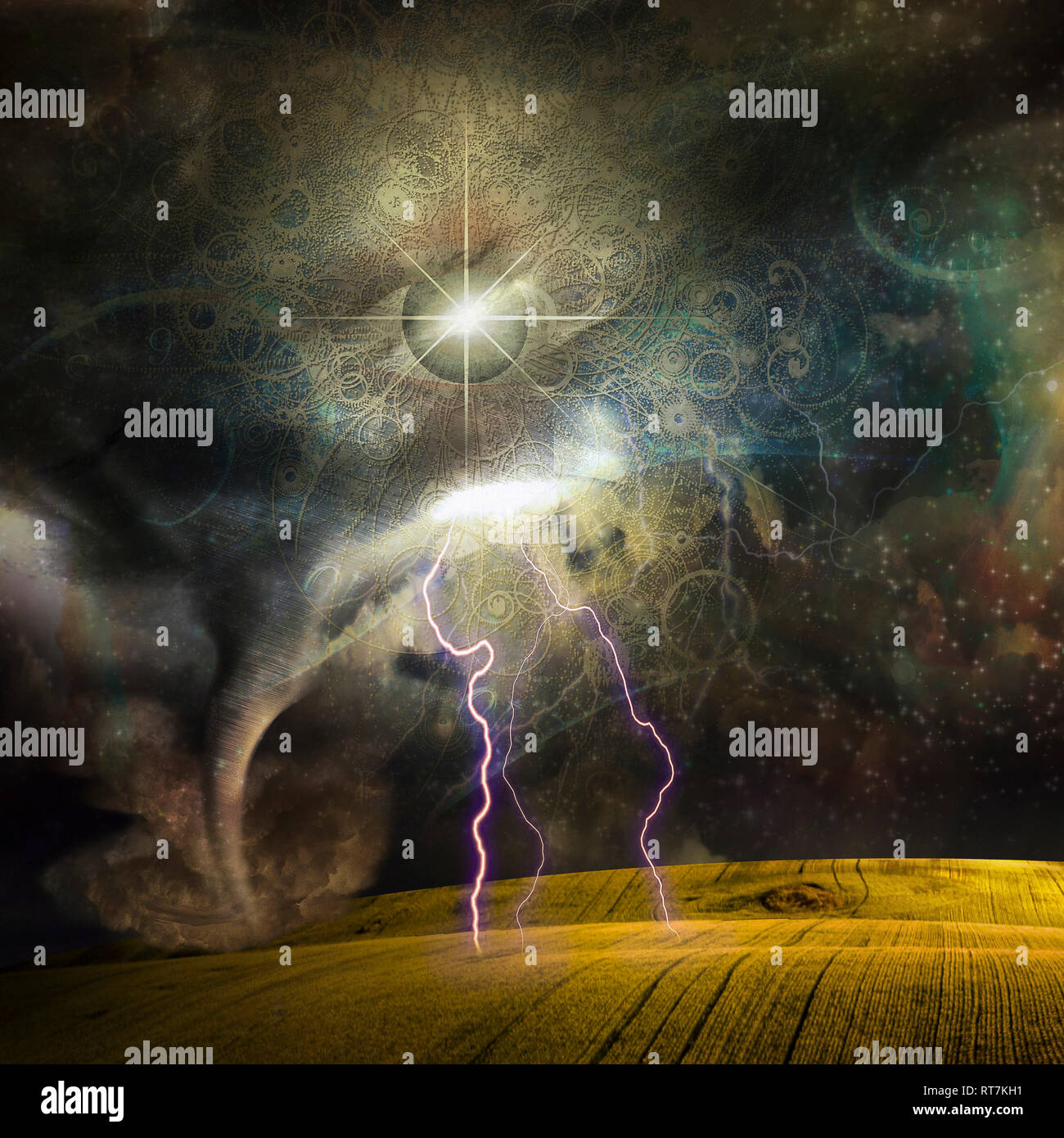 Raging tornado storm in open landscape lightning strikes and mystical ...