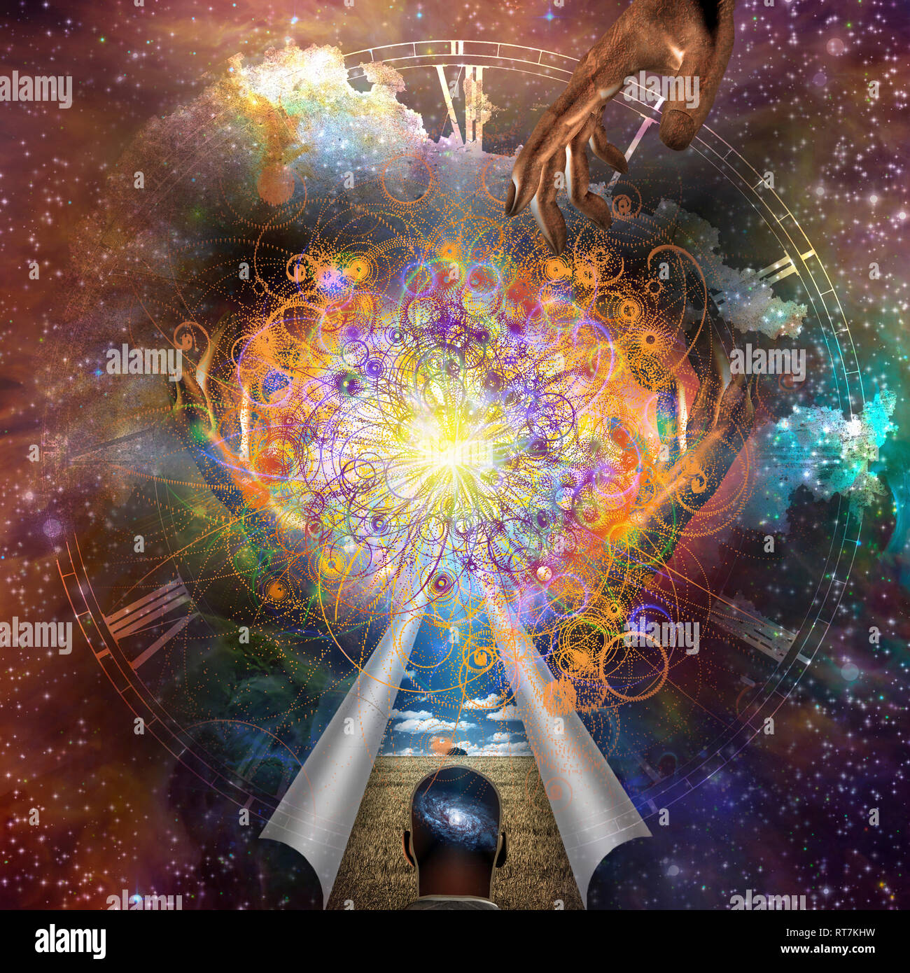 Man imagines. Hand of God in vivid space Stock Photo - Alamy
