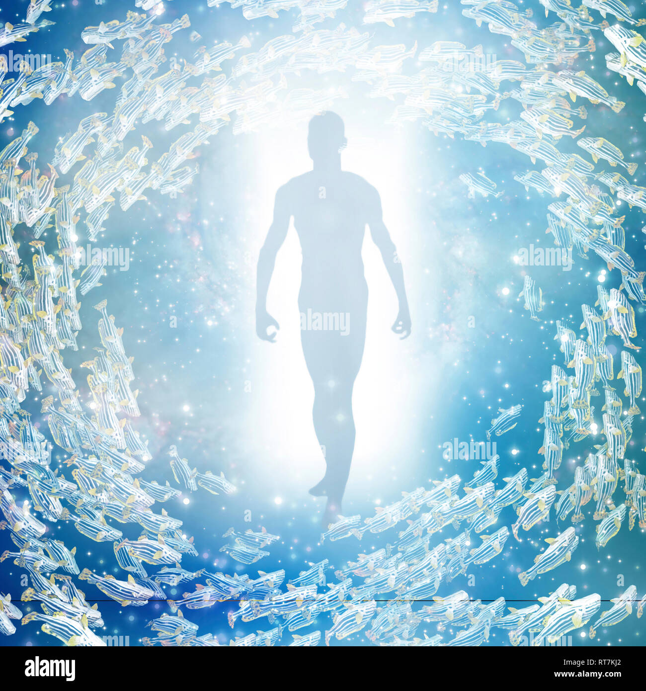 Human figure coming out of light tunnel with fish Stock Photo - Alamy