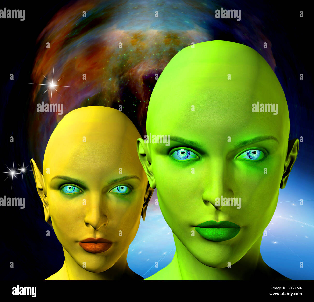 Two female aliens faces with deep space on a background Stock Photo - Alamy