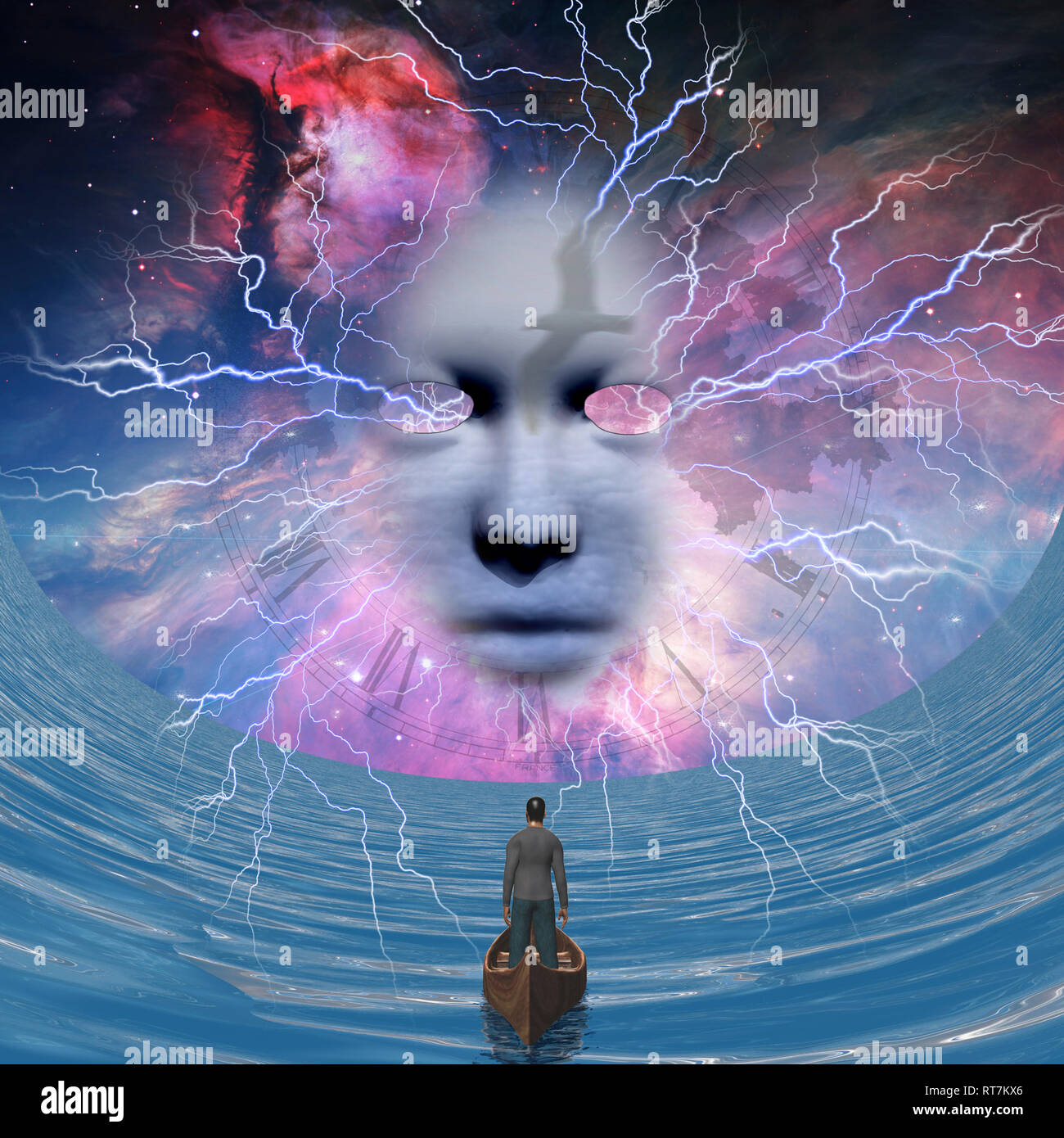 Man in boat floating to God's face Stock Photo - Alamy