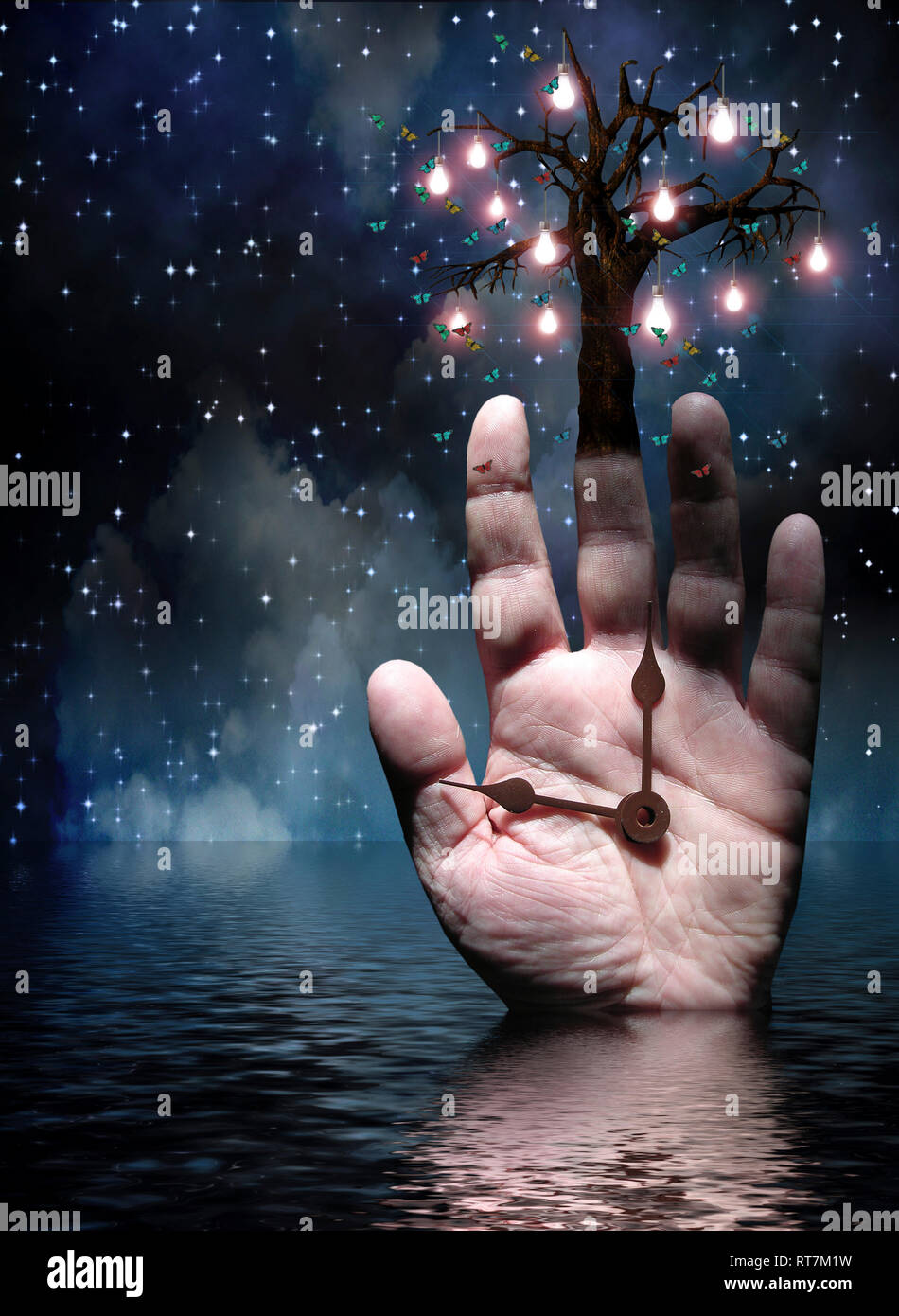 Surreal composition. Hands of Time Tree of Light Stock Photo - Alamy
