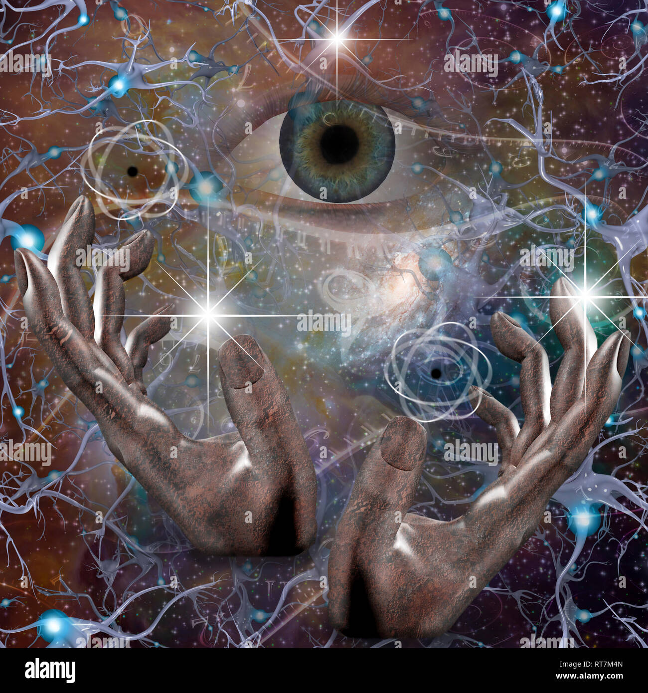 Surreal painting. Hands of creator. Time and matter Stock Photo - Alamy