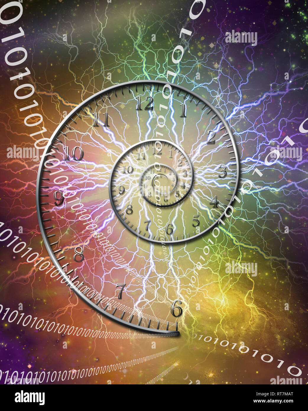 Spiral of time. Lightnings and binary code Stock Photo - Alamy