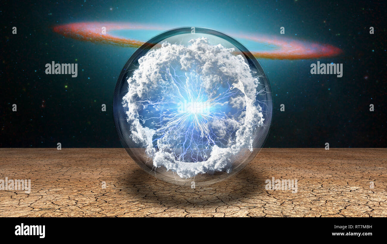 Surrealism. Splash of clouds and lightnings inside crystal ball. Galaxy ...