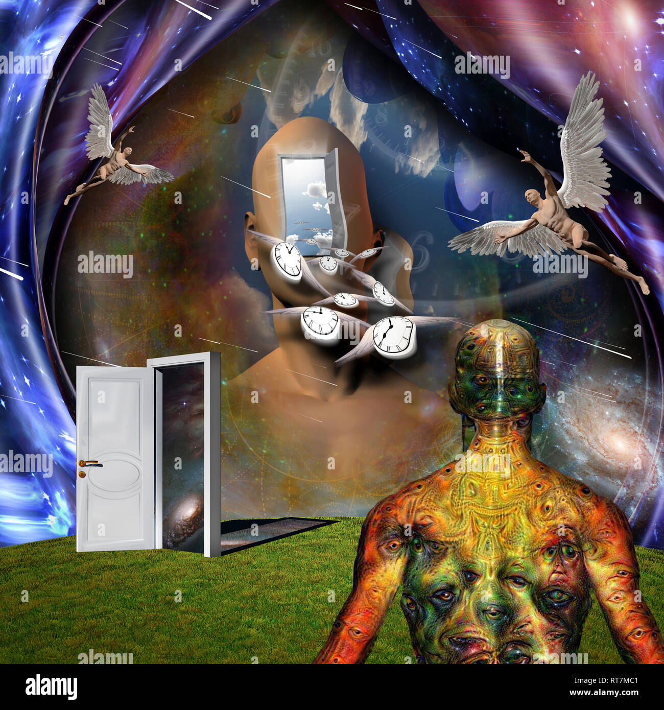 Man's head with opened door to another world, angels and flow of time Stock Photo - Alamy