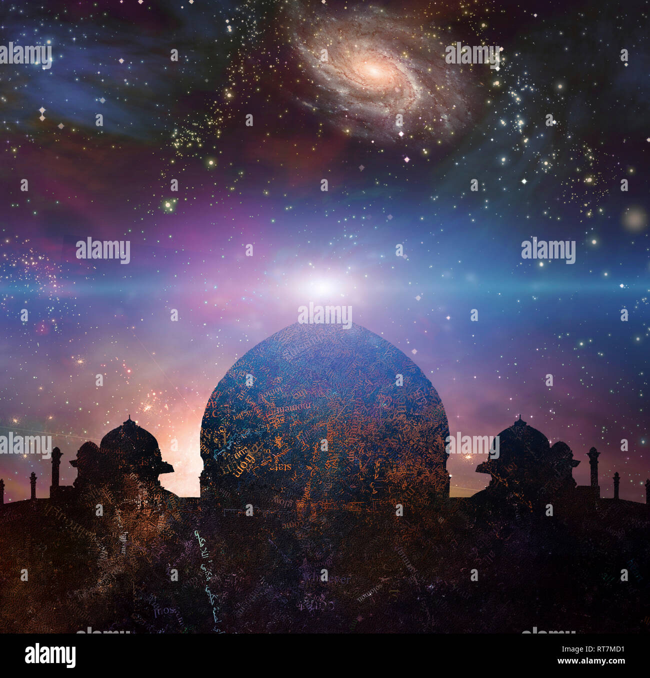 Temple in eastern style. Universe with galaxies on a background Stock ...