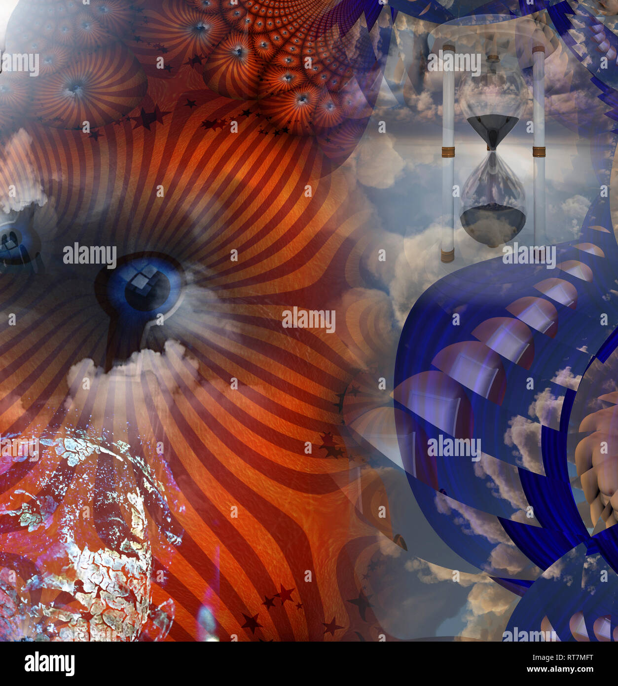 Surreal painting. Endless dimensions. Eye behind keyhole. Buddha and ...