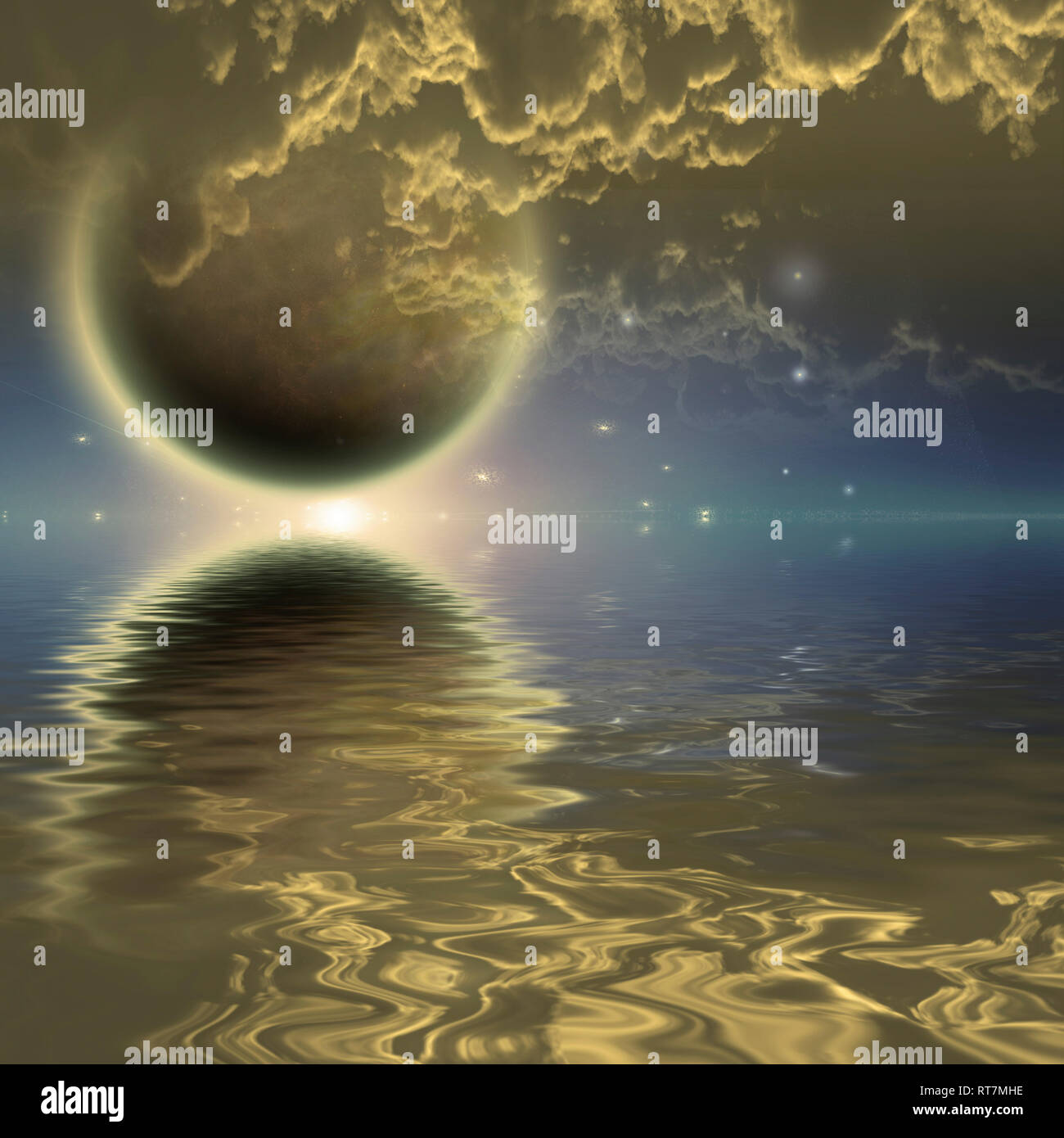 Deep space scene. Planet in clouds reflect in water surface Stock Photo ...