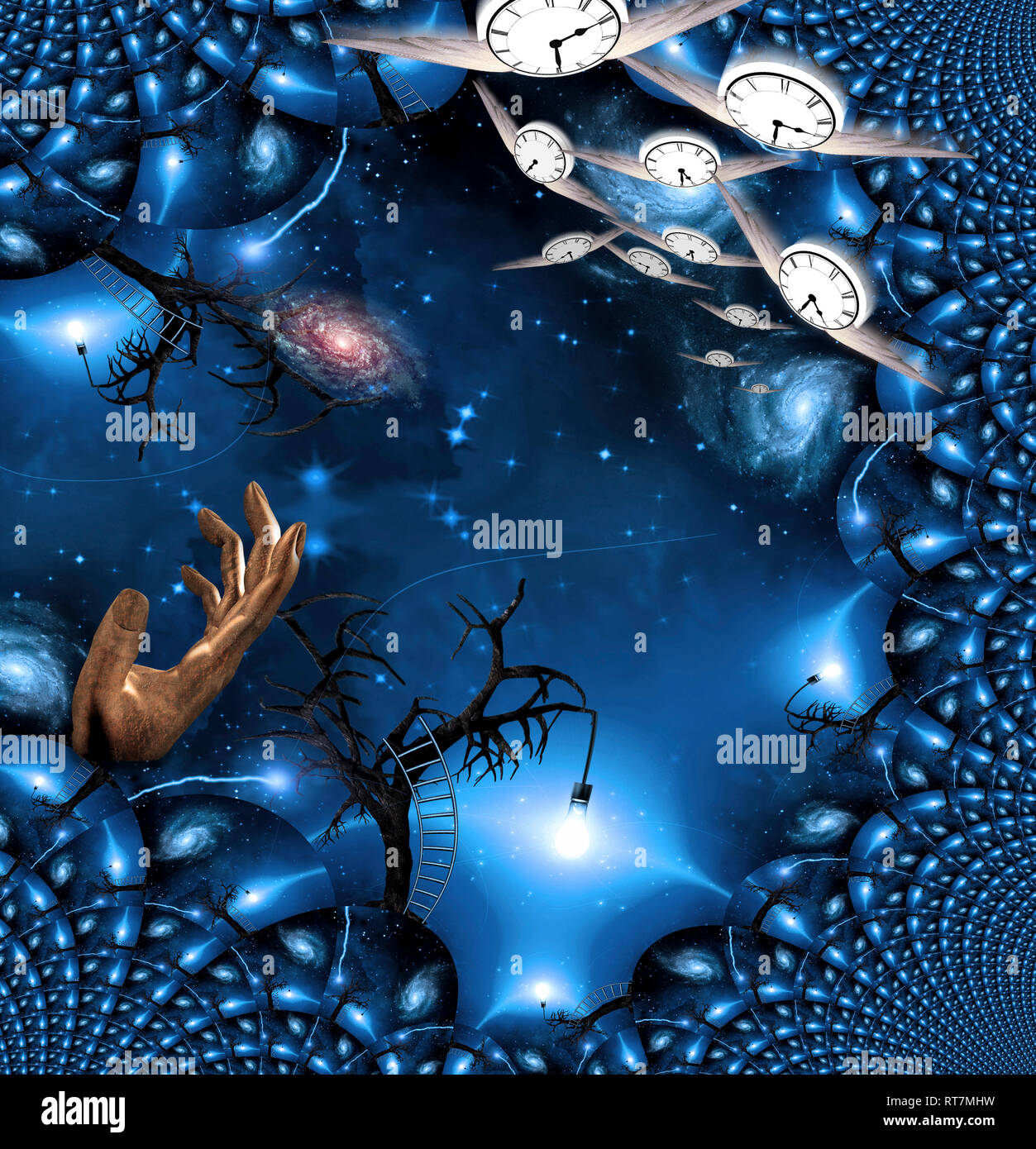 Strange Lanscape. Winged clocks represents flow of time Stock Photo - Alamy