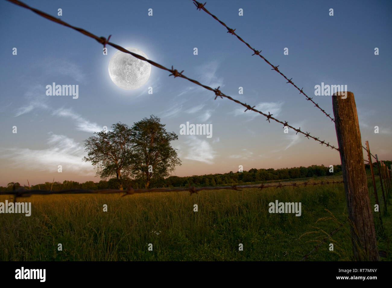 Full moon in sky with clouds and farmers fence and field Stock Photo ...