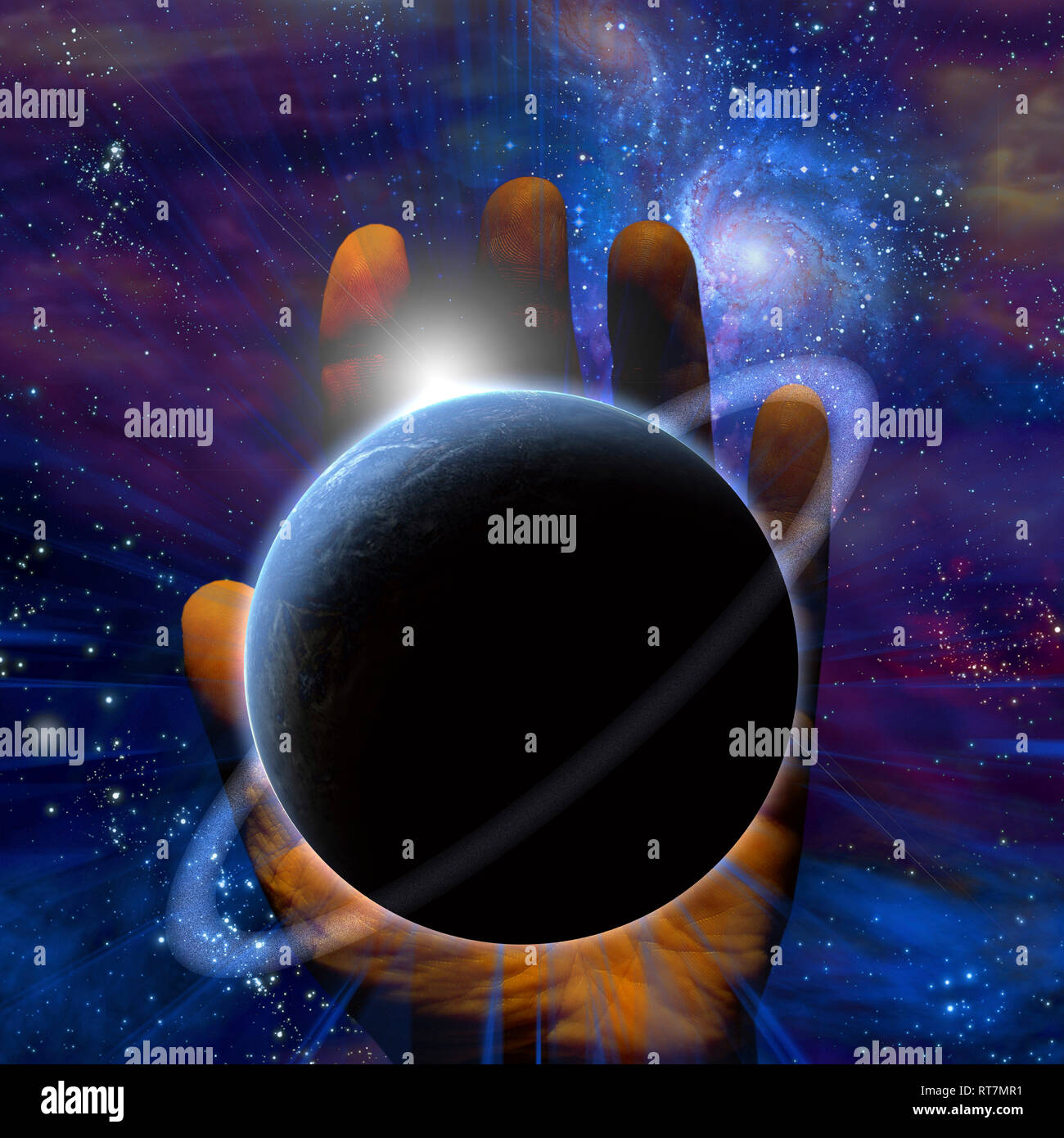 Creations hand. Planet in vivid space Stock Photo - Alamy