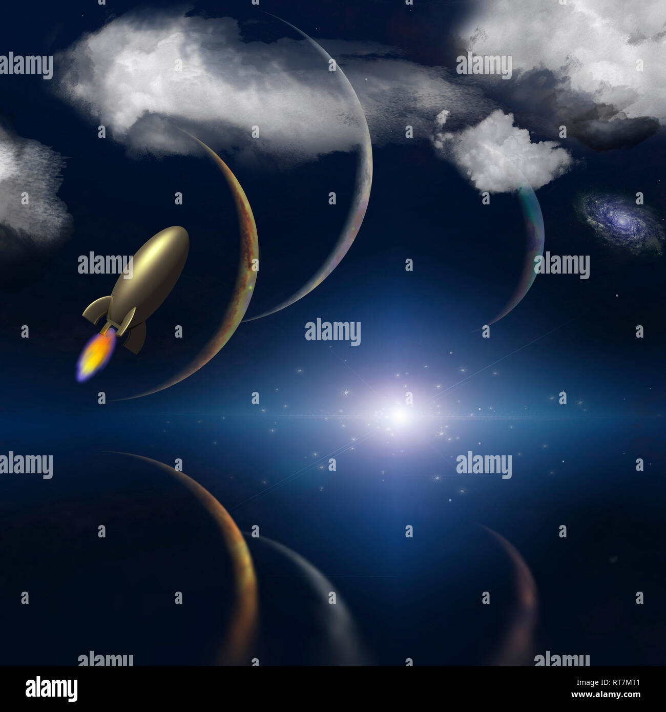 Space landscape. Planets and retro style rocket Stock Photo - Alamy