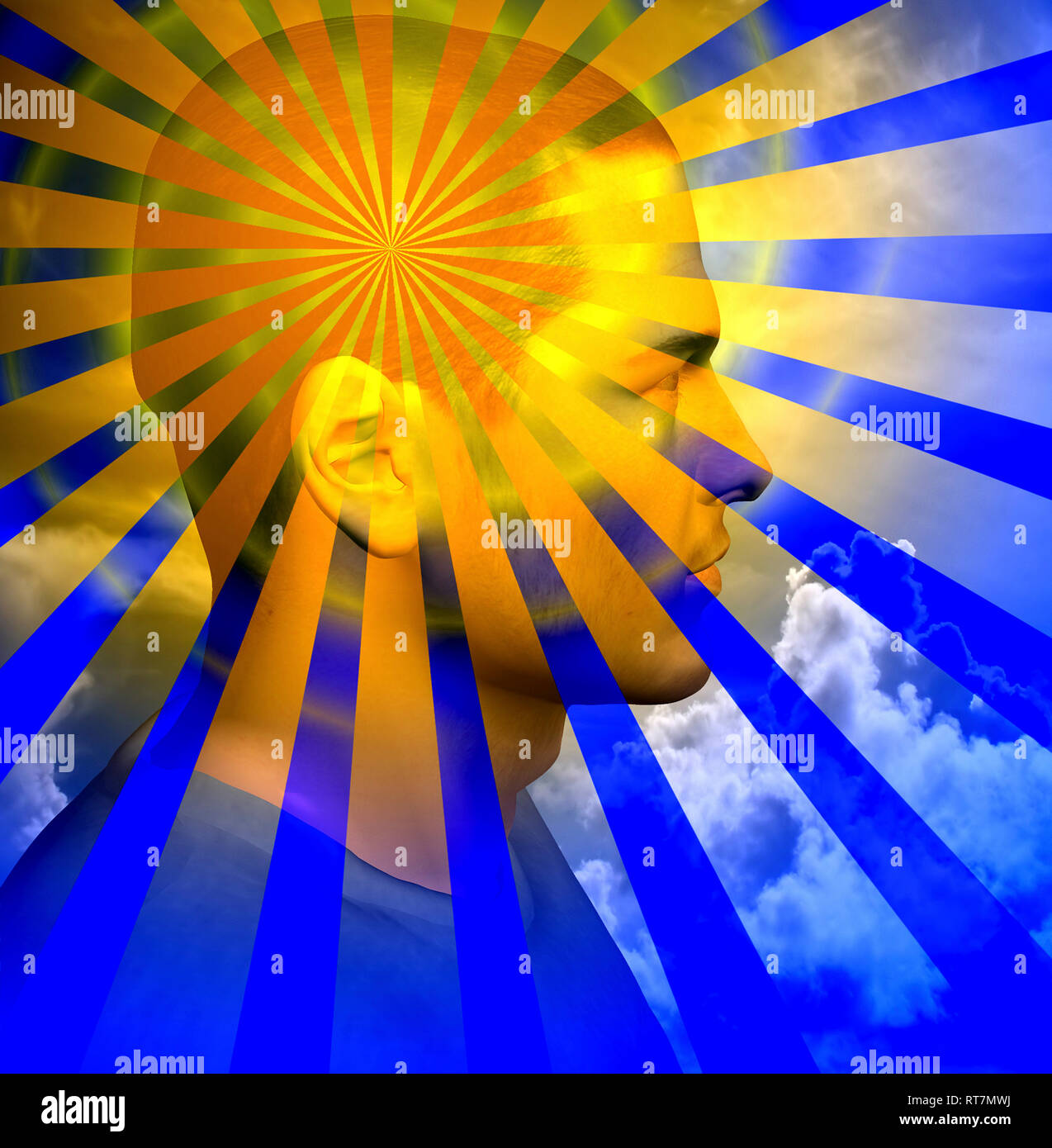 Bright light beams radiates from man head Stock Photo - Alamy