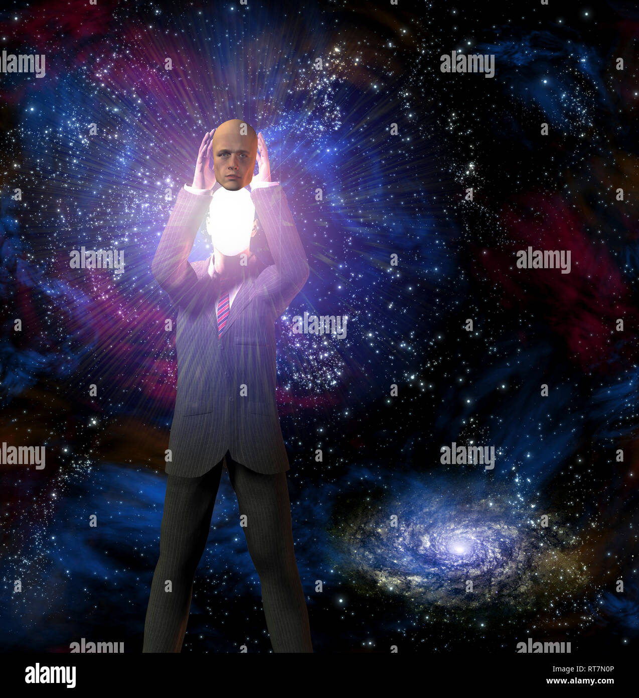 Man reveals inner light. Deep space background Stock Photo - Alamy