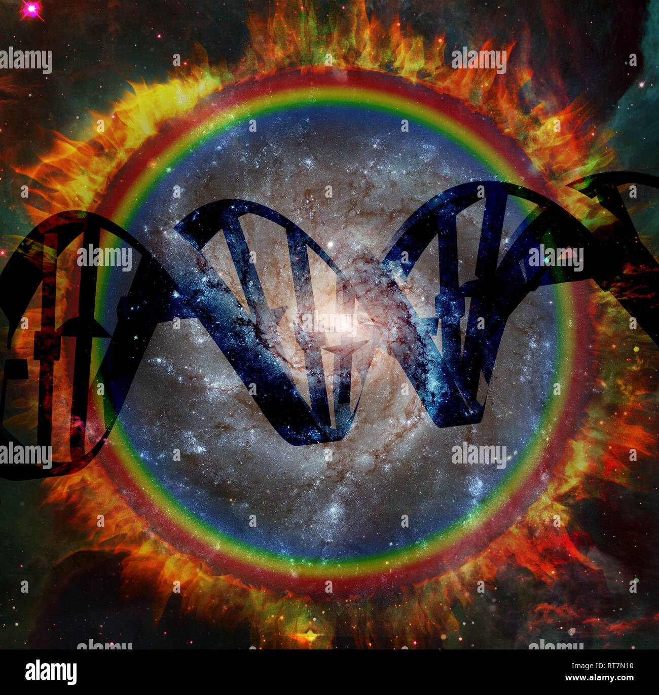 DNA strand - Origin of Life. Circle of Fire with Galaxy inside Stock ...