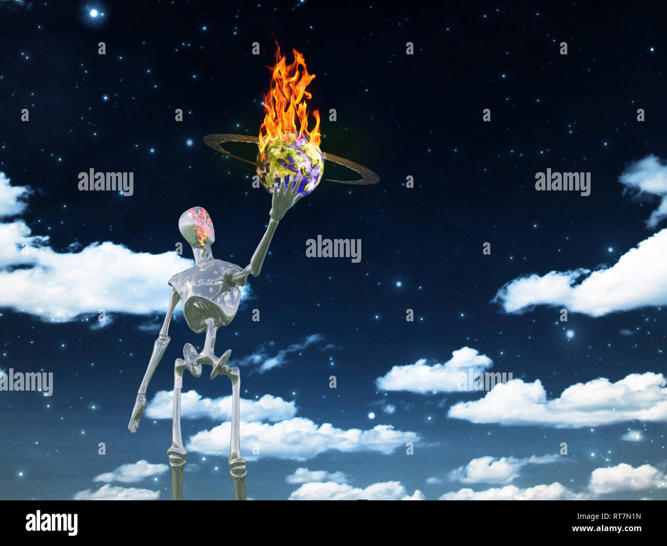 Alien bringing fire in universe Stock Photo - Alamy