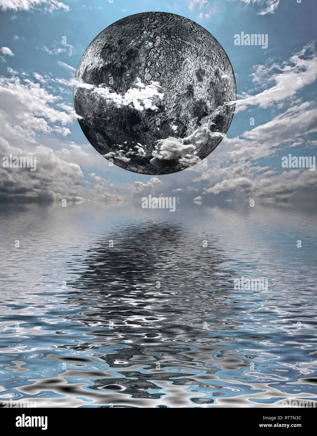 Big moonrise over water surface. Clouds in the sky Stock Photo - Alamy