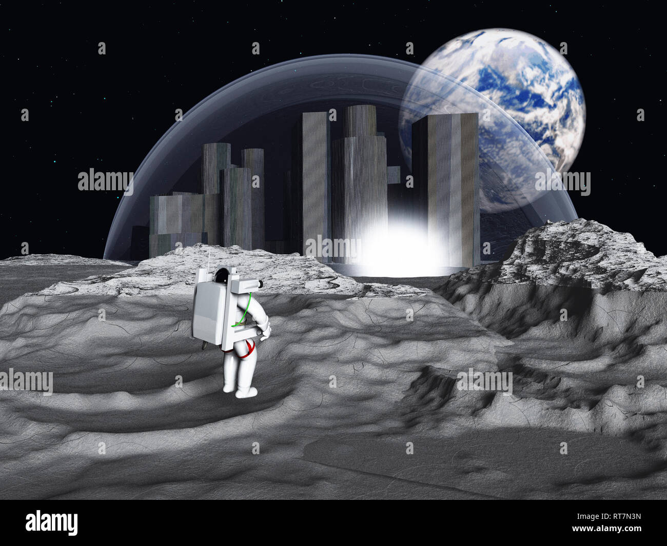 Lunar city in glass dome. Earthrise view Stock Photo - Alamy