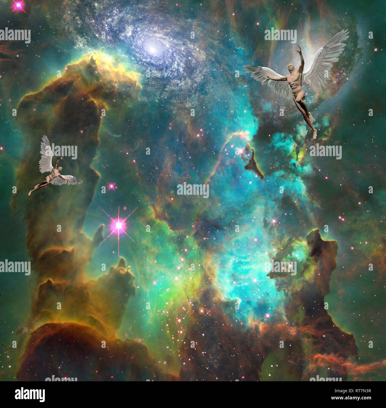 Surrealism. Men with wings symbolizes angels in space. 3D rendering ...