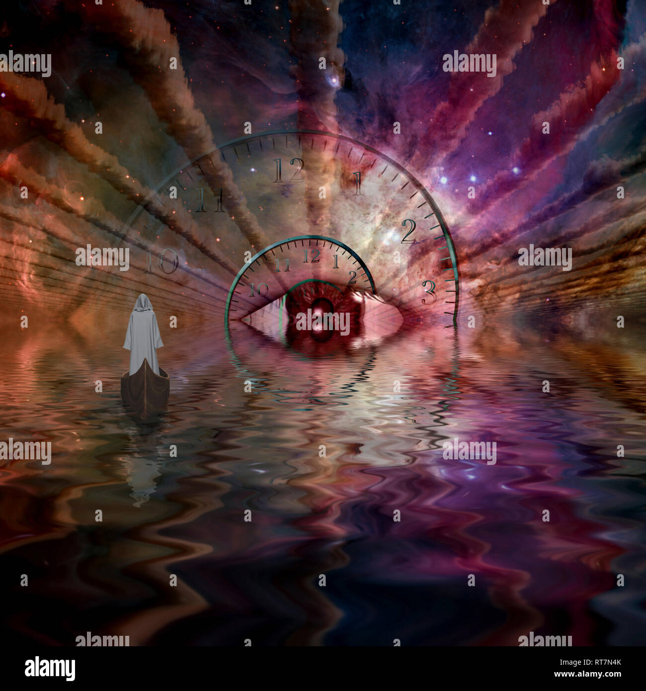 Figure in white robe floating to God's eye in space tunnel Stock Photo ...