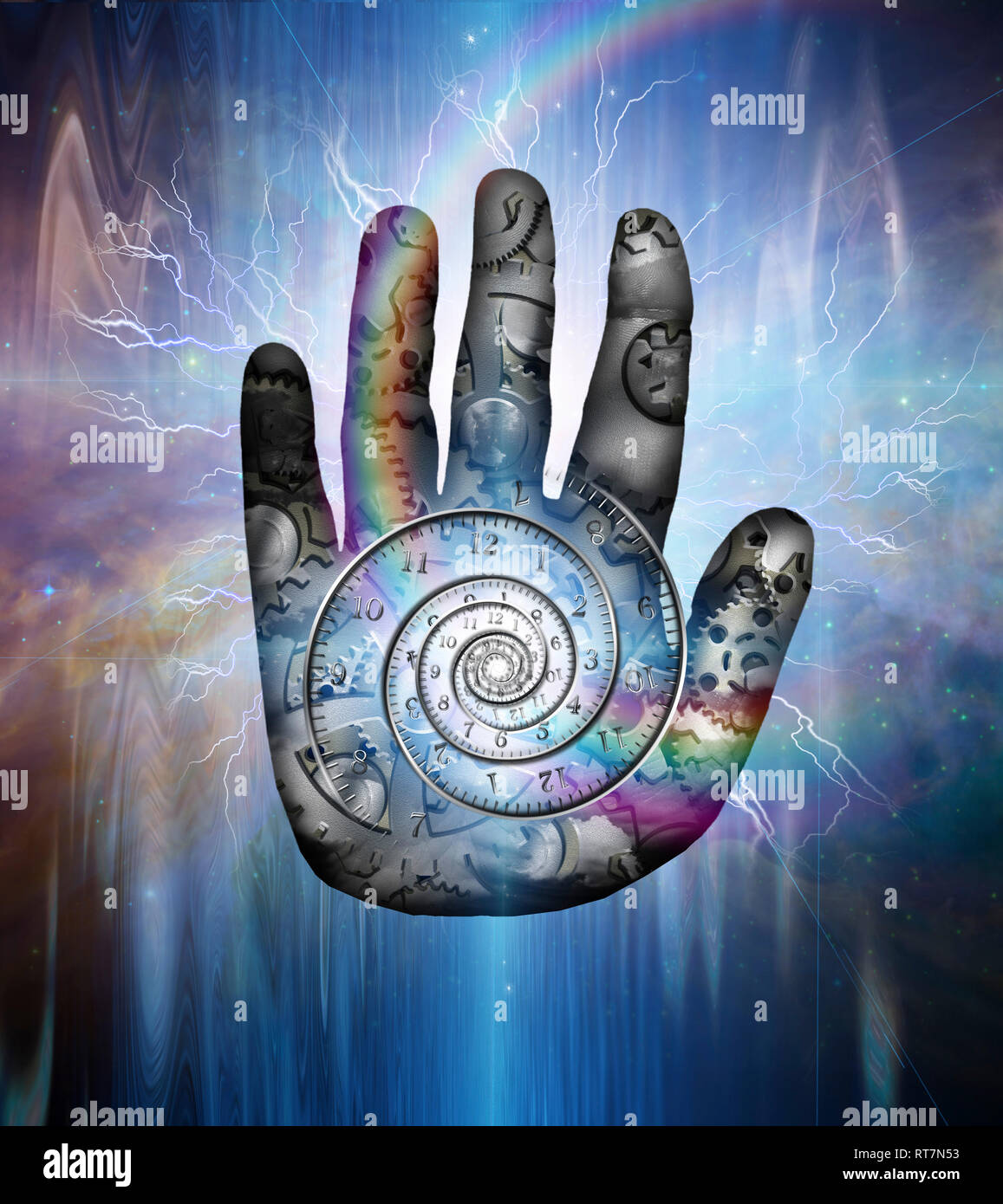 Keep of the time. Human hand Machine with Spiral Clock Stock Photo - Alamy