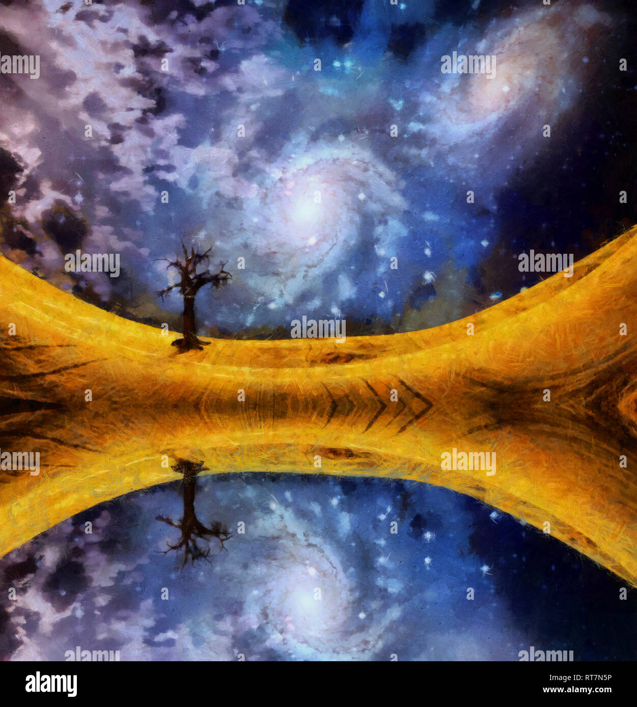 Reflection of a lonely landscape. Galaxies in the sky Stock Photo - Alamy