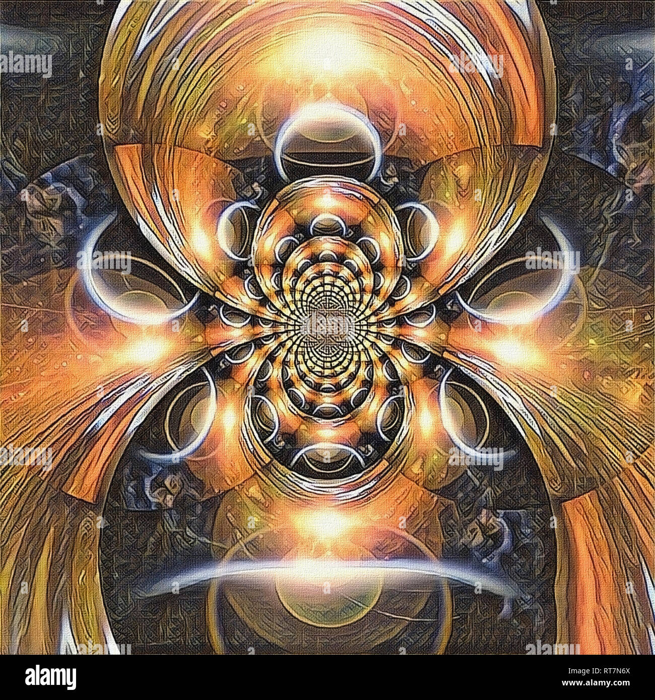 Abstract painting. Mirrored round fractal with a picture of eclipse. 3D ...