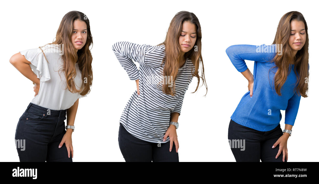 Collage of beautiful young woman over isolated background Suffering of ...