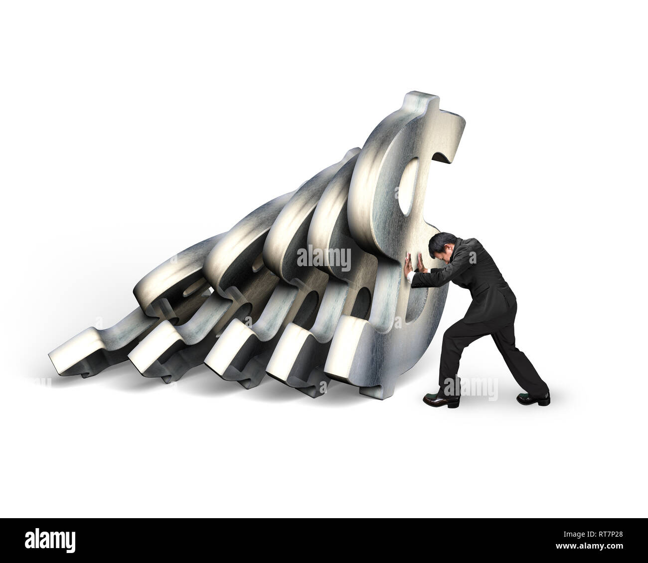 Businessman stopping the falling of dollar currency symbols. Domino ...