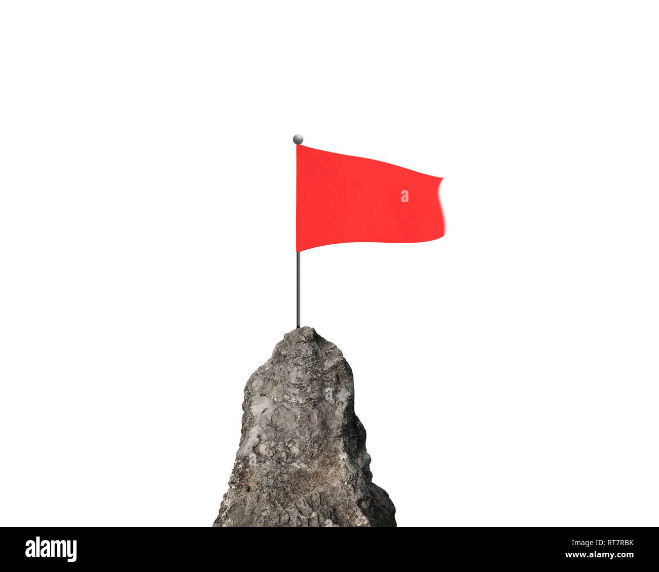 Red wavy flag on top of rocky mountain peak with white background Stock ...