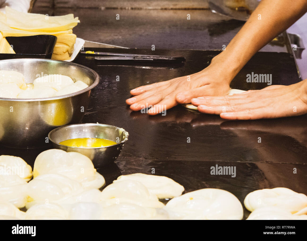 Making of Roti Canai, cooking process, Indian traditional street food ...