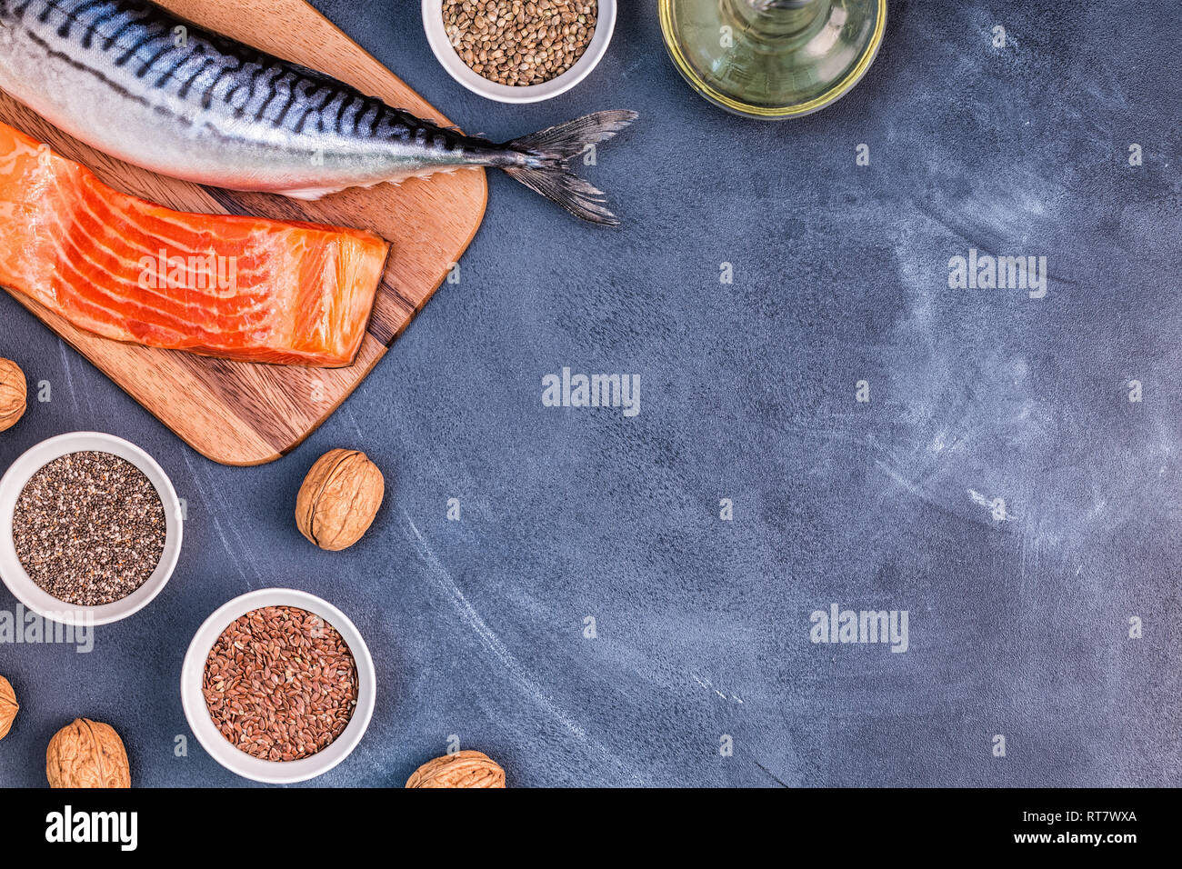 Sources of omega 3 - mackerel, salmon, flax seeds, hemp seeds, chia ...