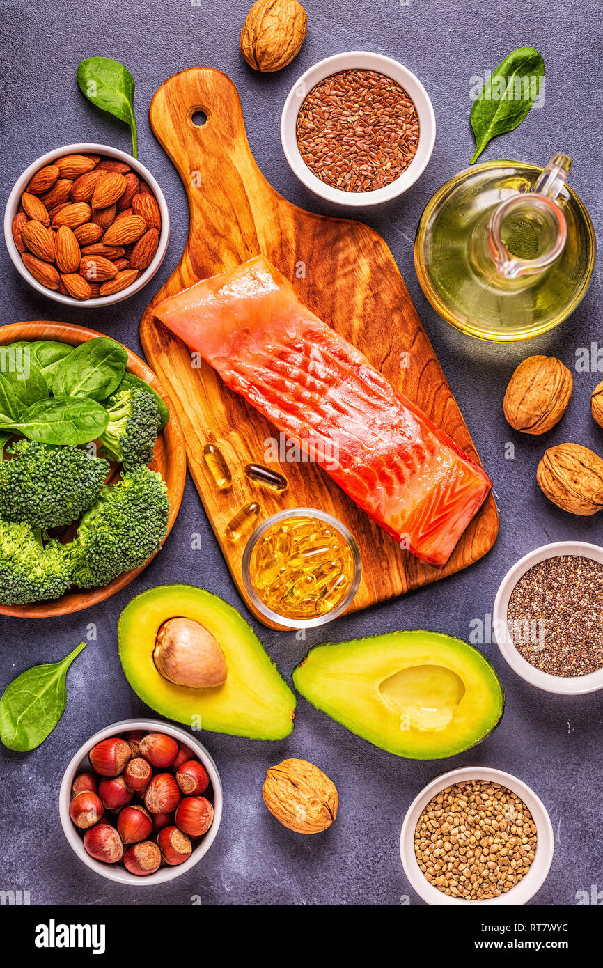 Animal and vegetable sources of omega-3 acids. Balanced diet concept ...