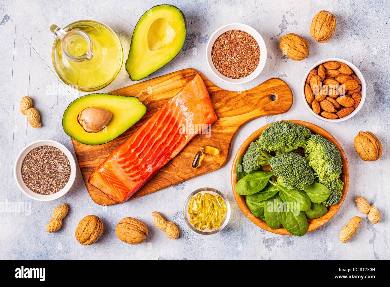 Animal and vegetable sources of omega-3 acids. Balanced diet concept ...