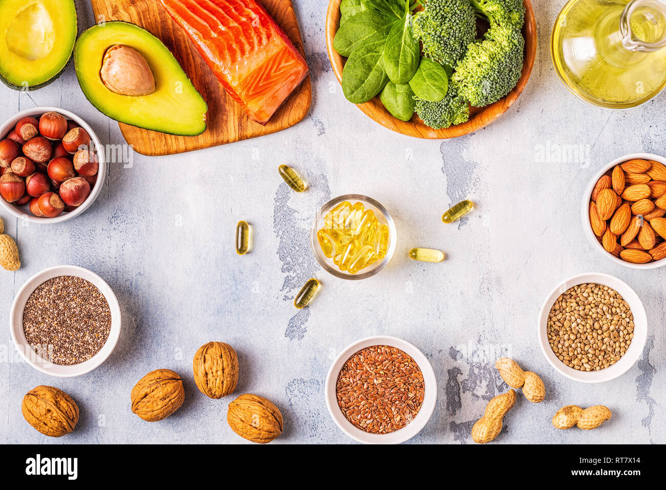 Animal and vegetable sources of omega-3 acids. Balanced diet concept ...