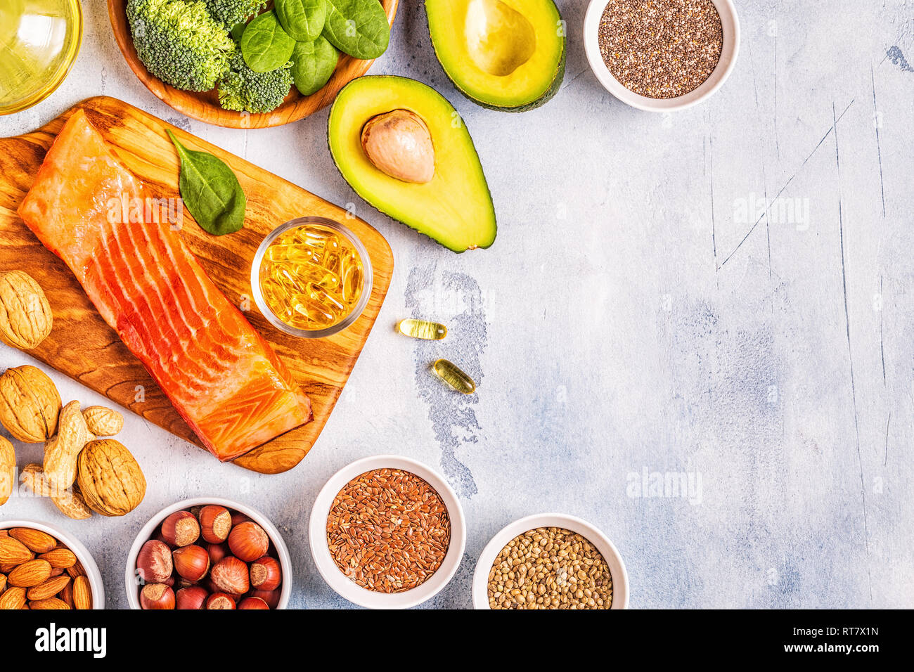 Animal and vegetable sources of omega-3 acids. Balanced diet concept ...