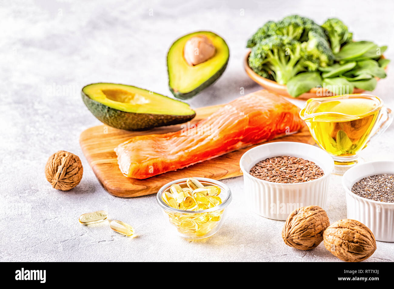 Animal and vegetable sources of omega-3 acids. Balanced diet concept ...