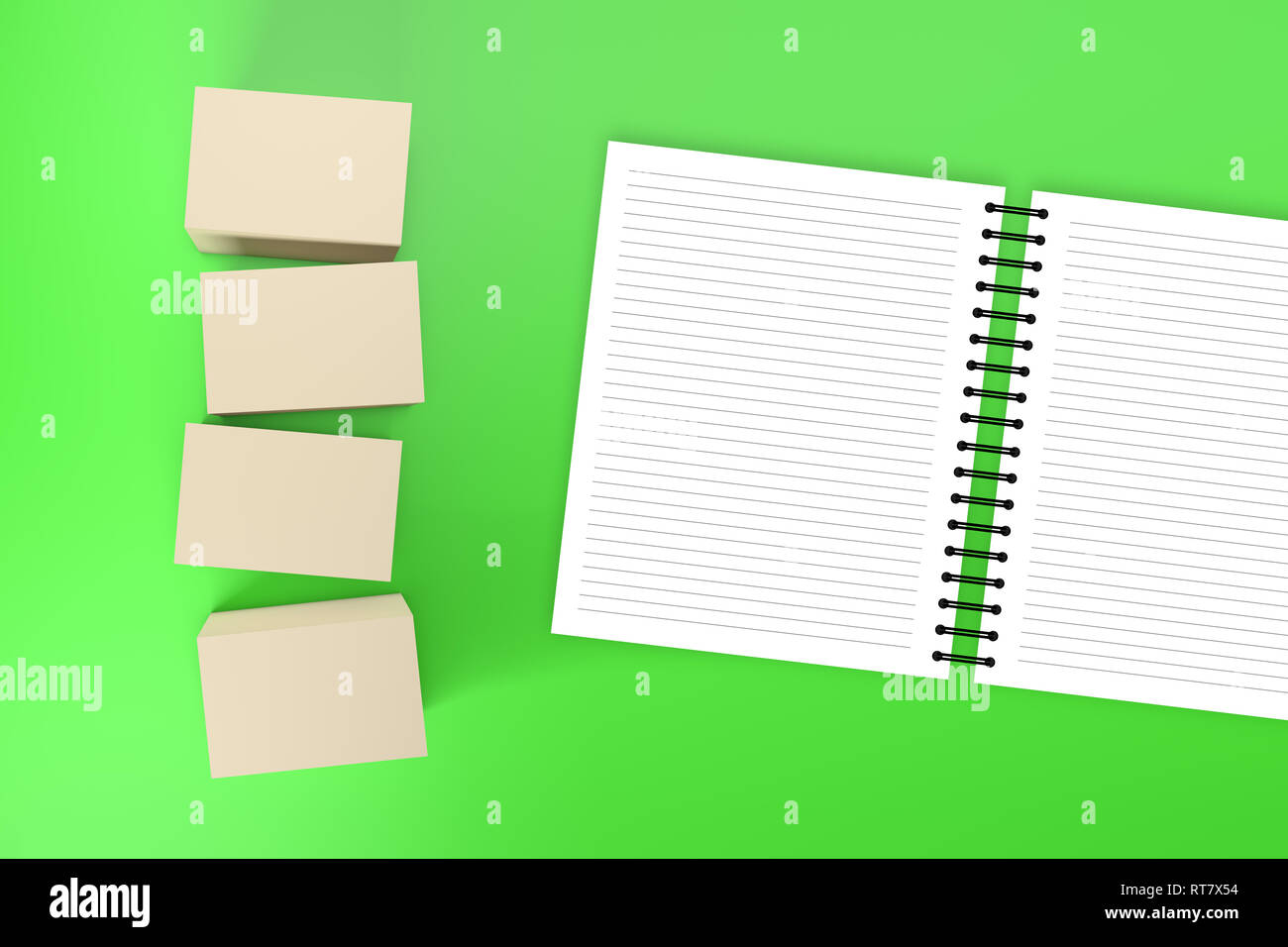Empty boxes and ruled notebook on colored background with copy space ...