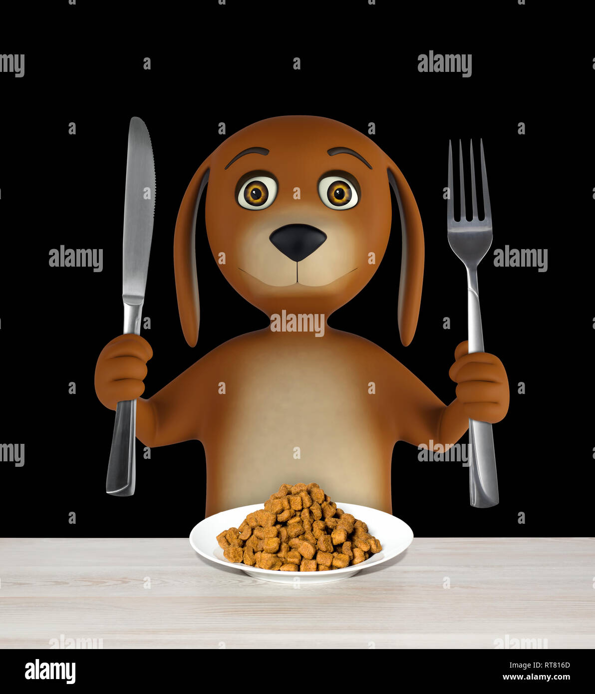 Cartoon dog with bowl of dry food holds a knife and fork. isolated on ...