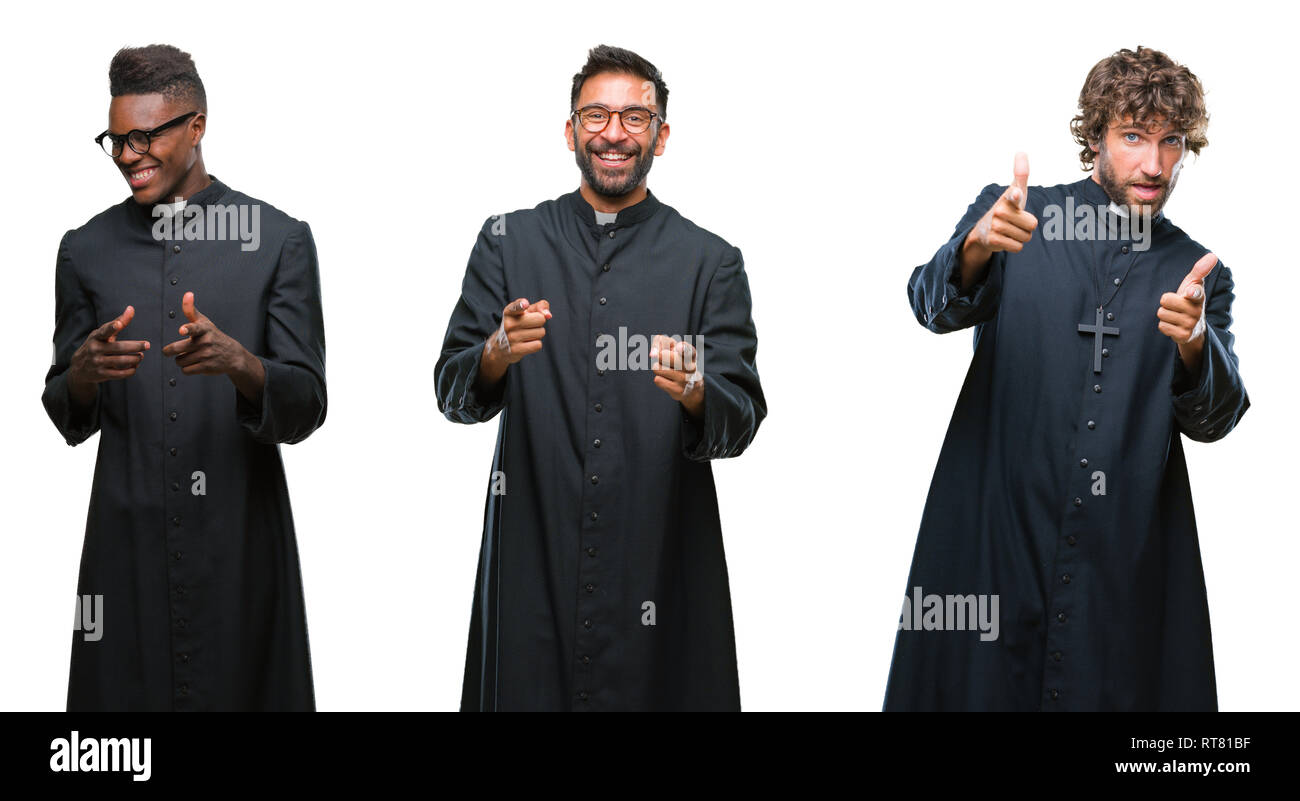 Collage of christian priest men over isolated background pointing ...