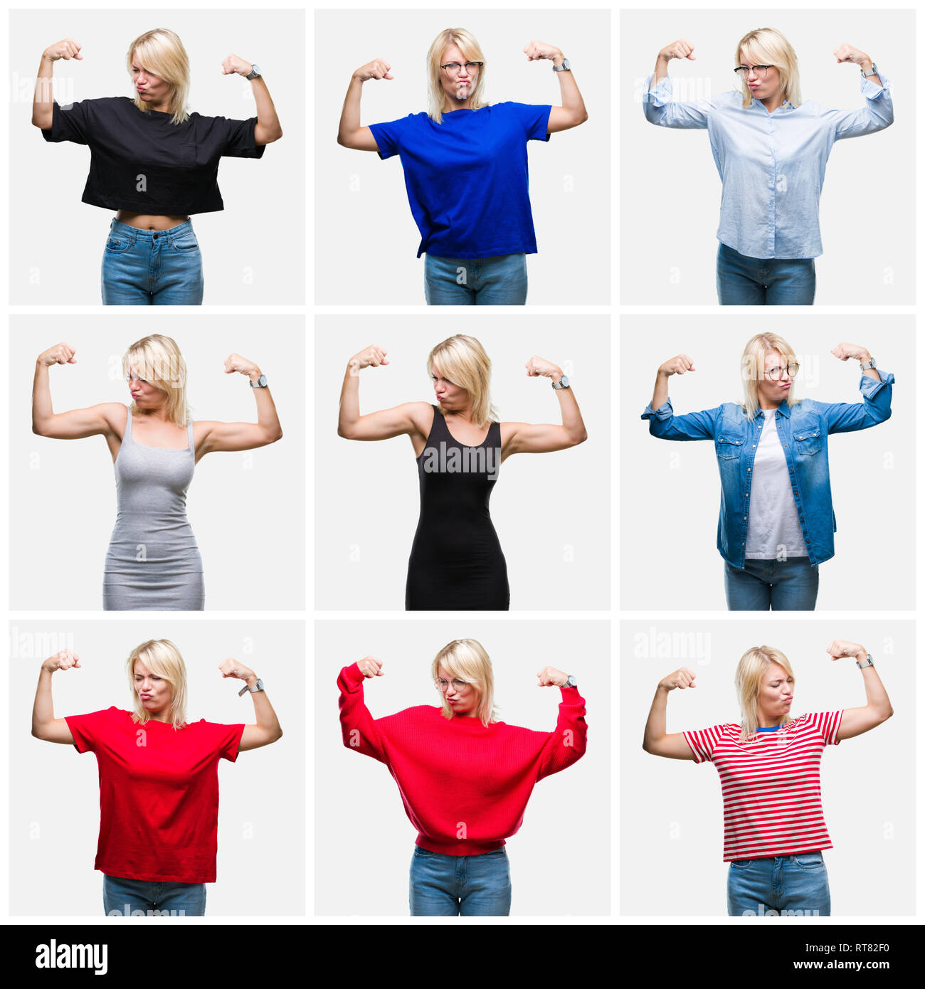 Collage of beautiful blonde woman wearing differents casual looks over ...