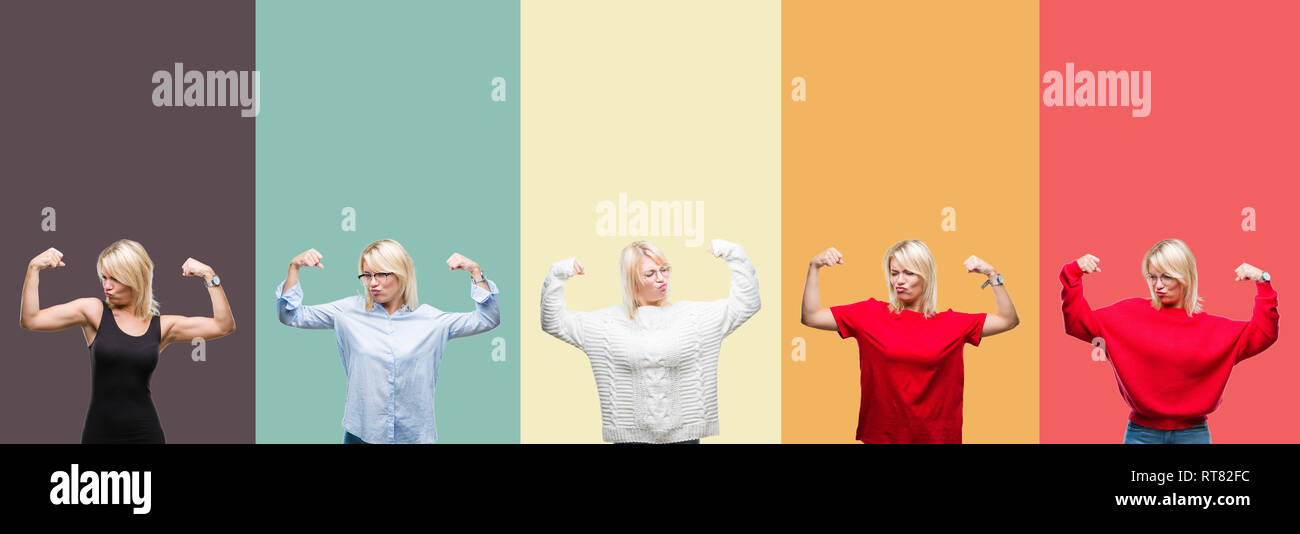 Collage of beautiful blonde woman over vintage isolated background ...