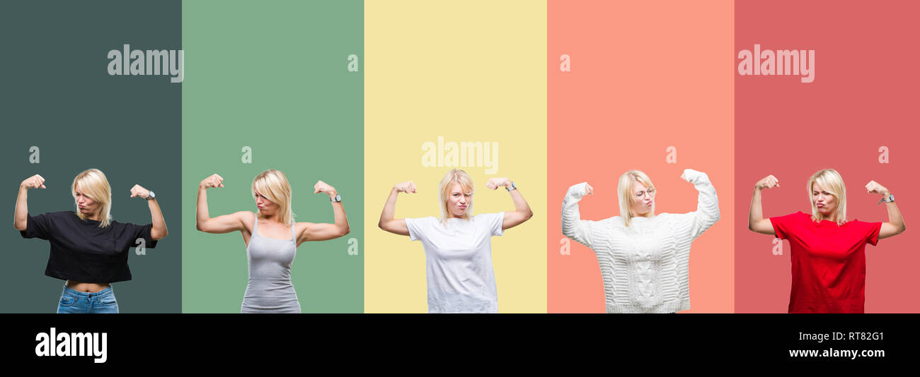 Collage of beautiful blonde woman over vintage isolated background ...