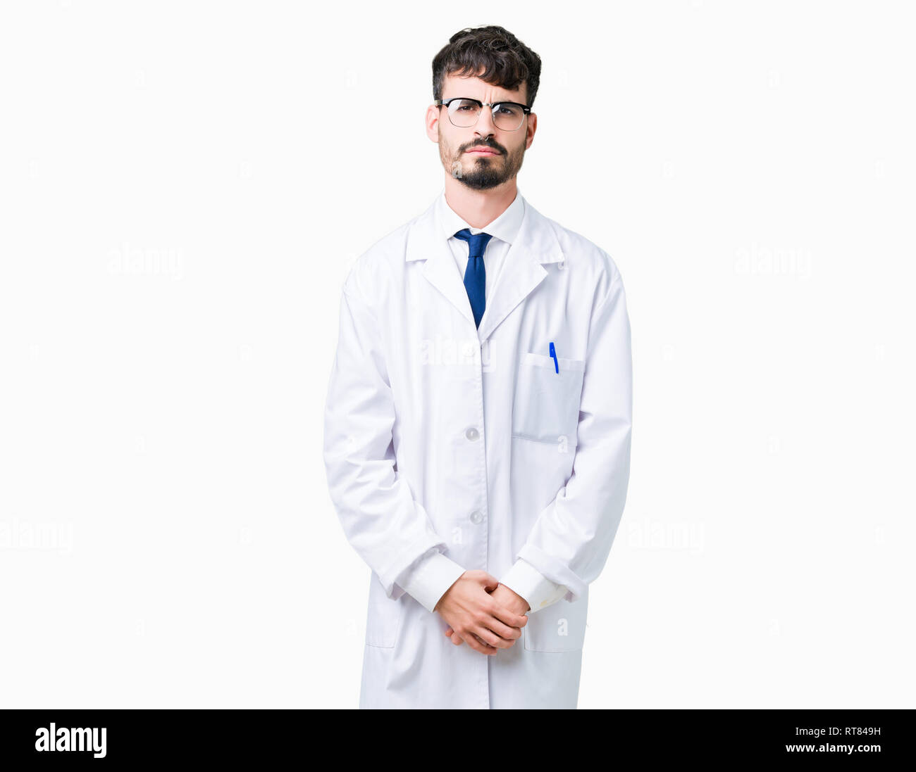 Young professional scientist man wearing white coat over isolated ...